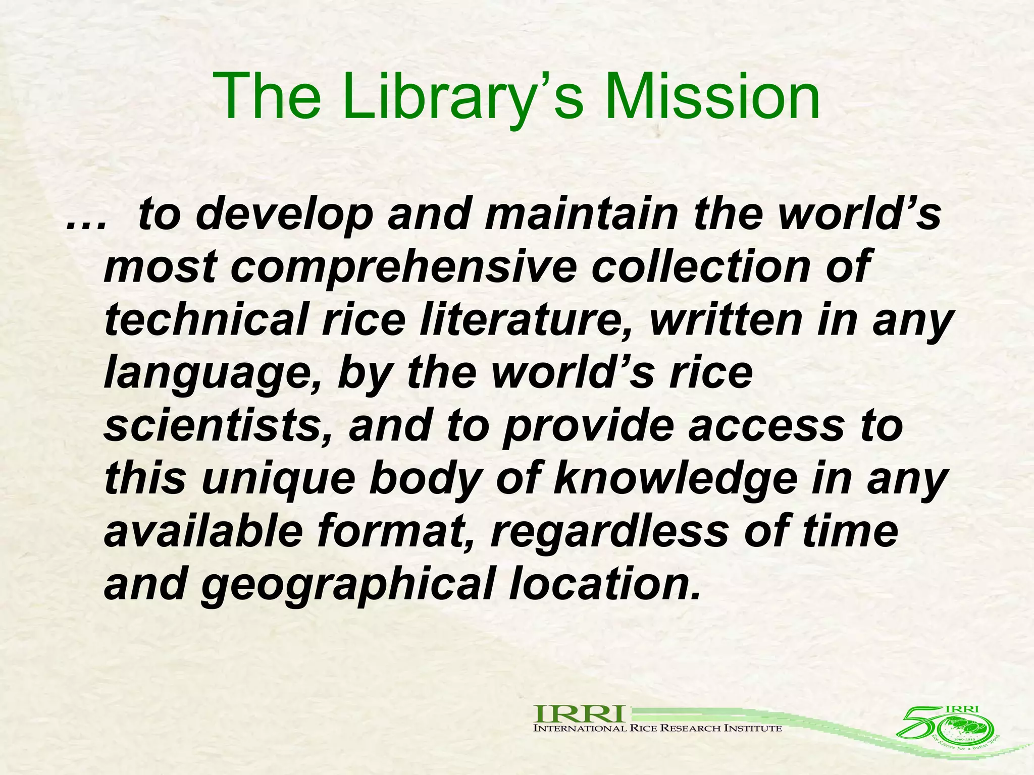 The IRRI Library 2010 | PPS
