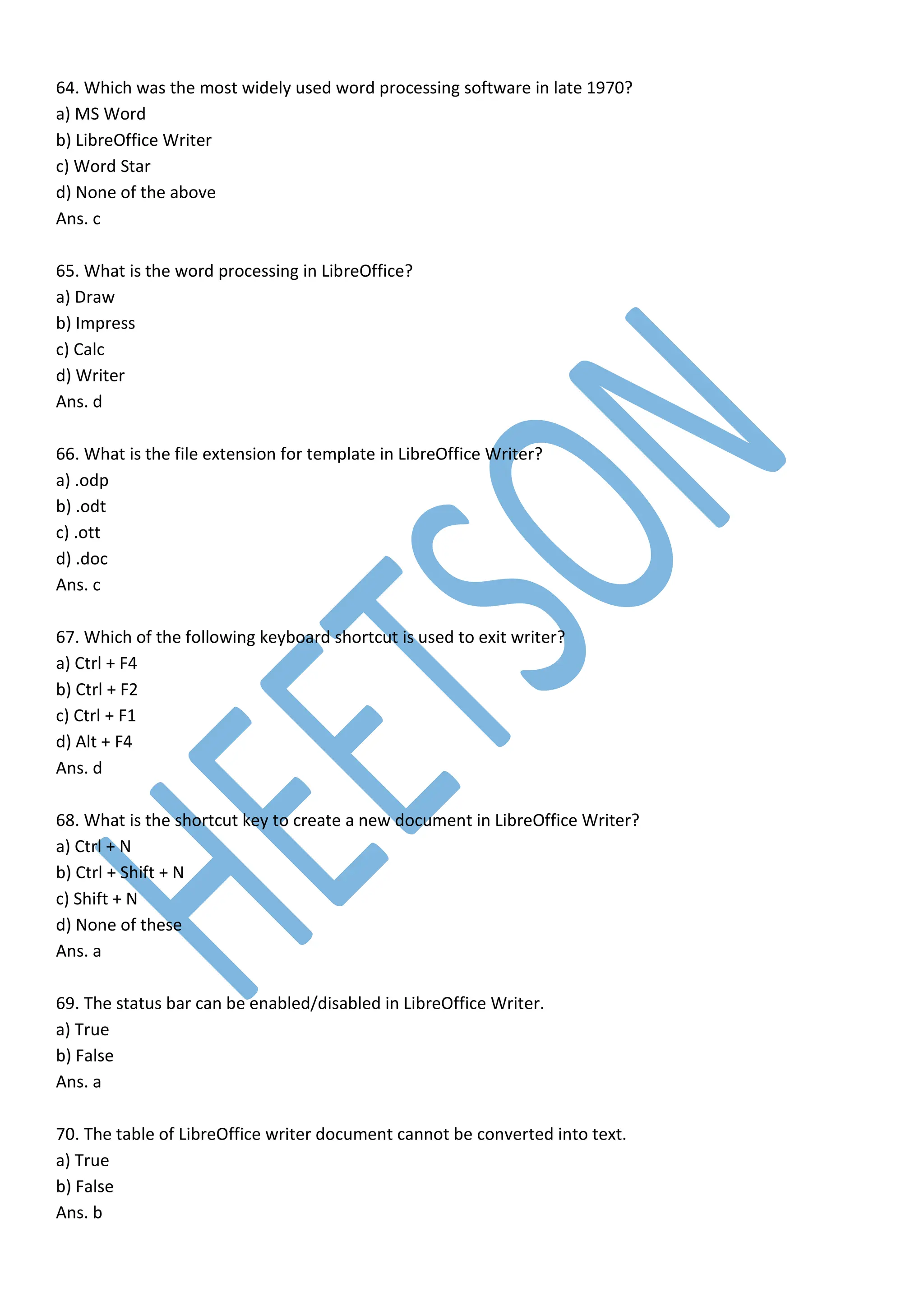 LibreOffice Most Important MCQ Question (Writer, Calc, Impress) | PDF