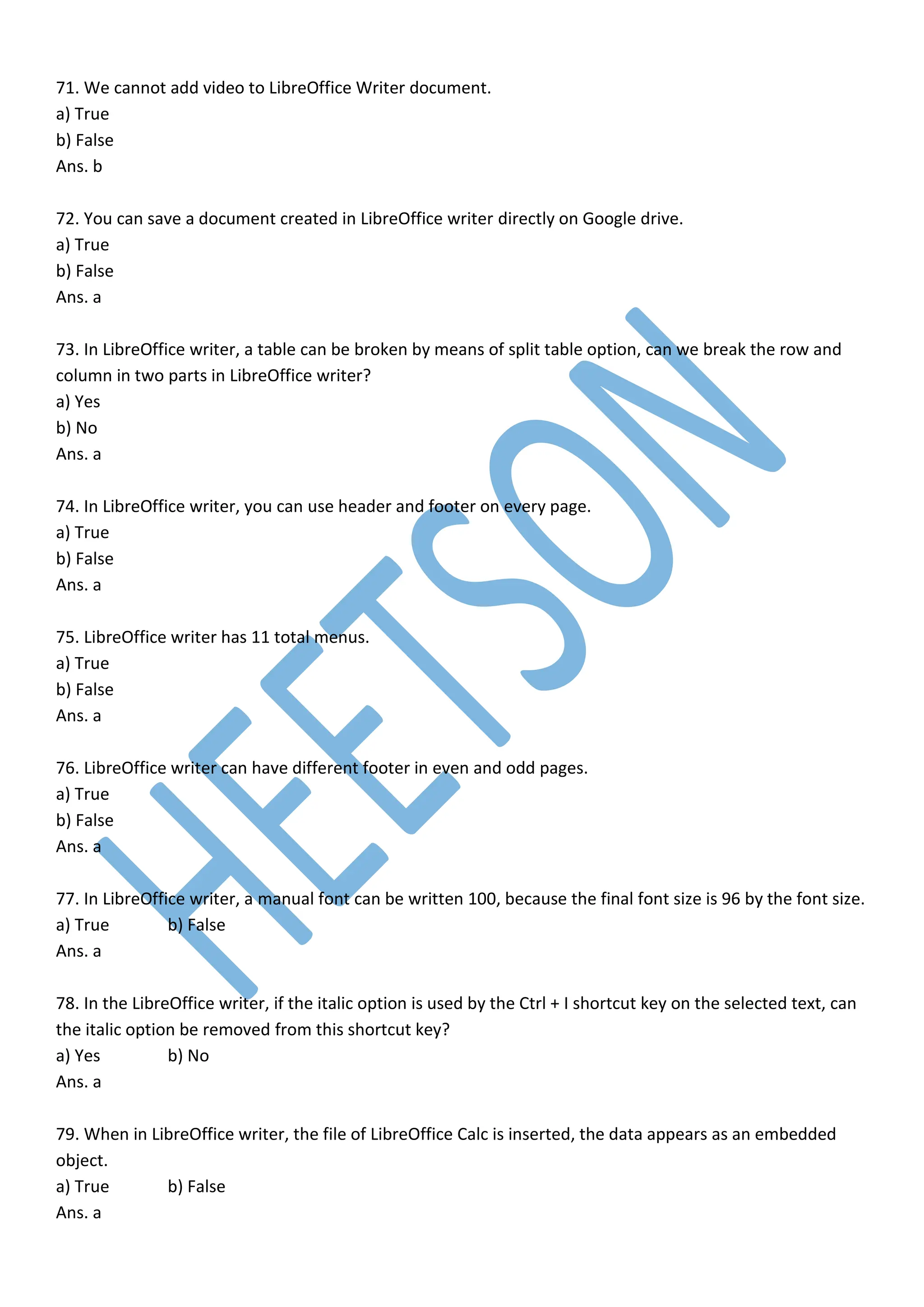 LibreOffice Most Important MCQ Question (Writer, Calc, Impress) | PDF