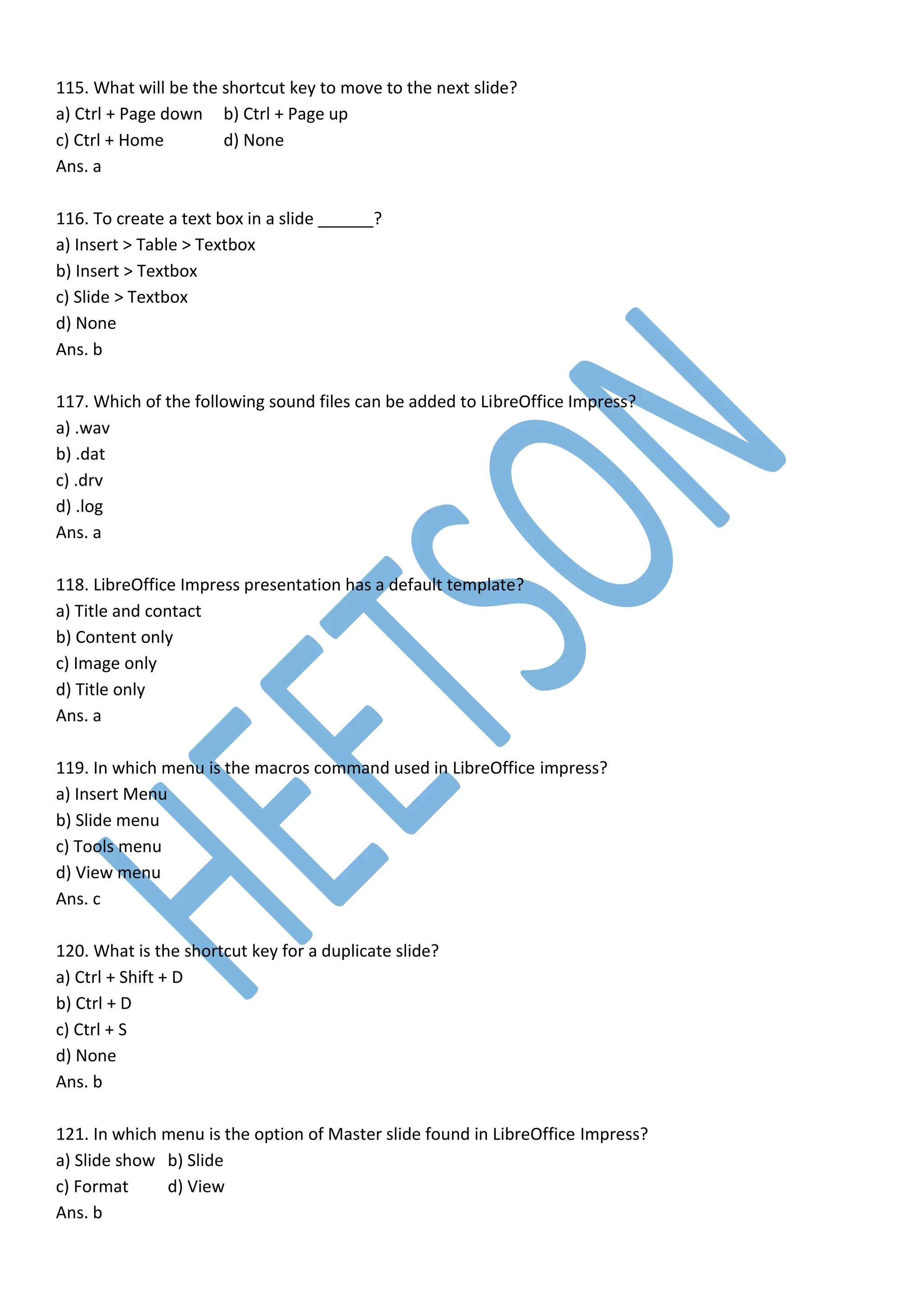 LibreOffice Most Important MCQ Question (Writer, Calc, Impress) | PDF
