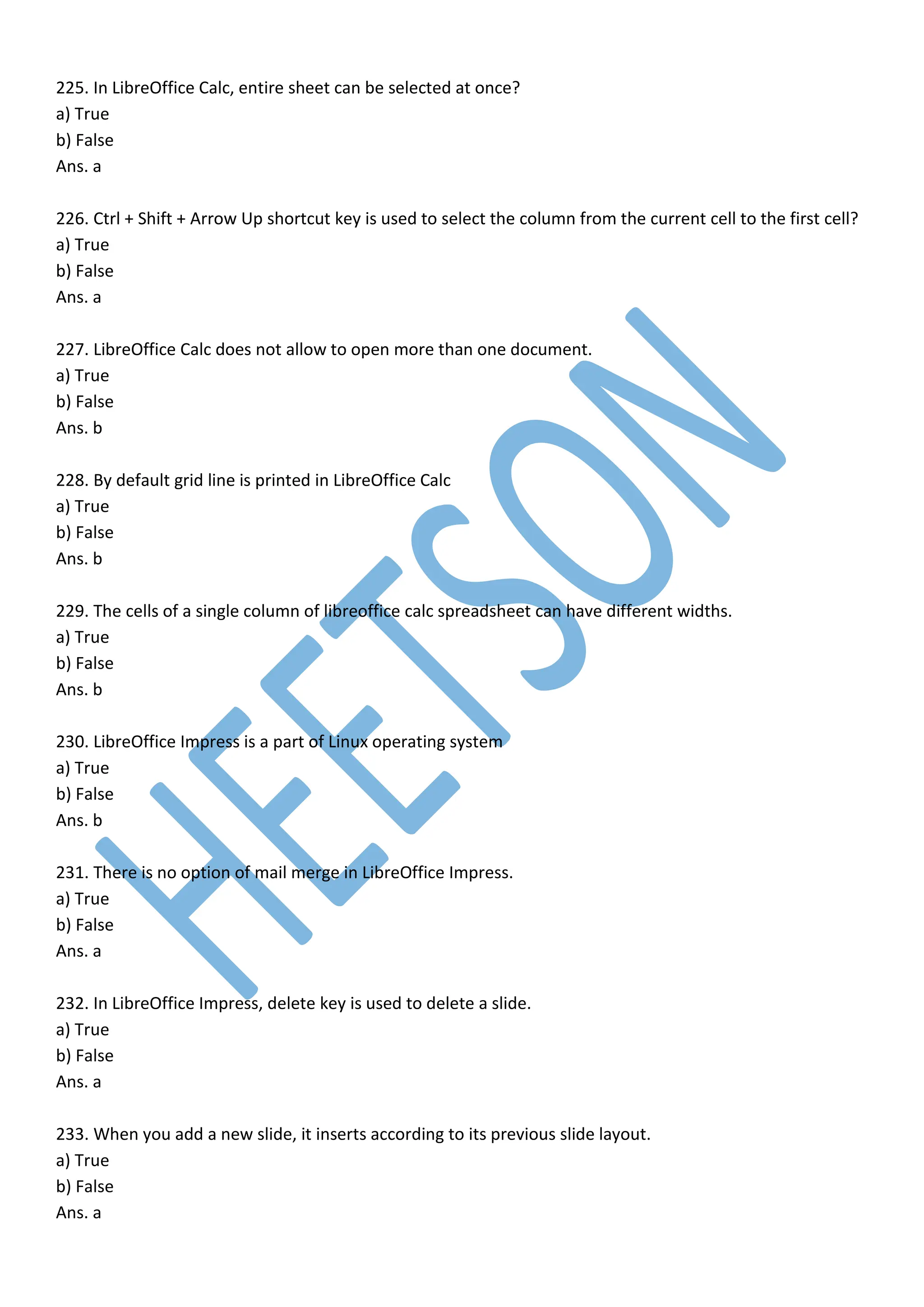 LibreOffice Most Important MCQ Question (Writer, Calc, Impress) | PDF