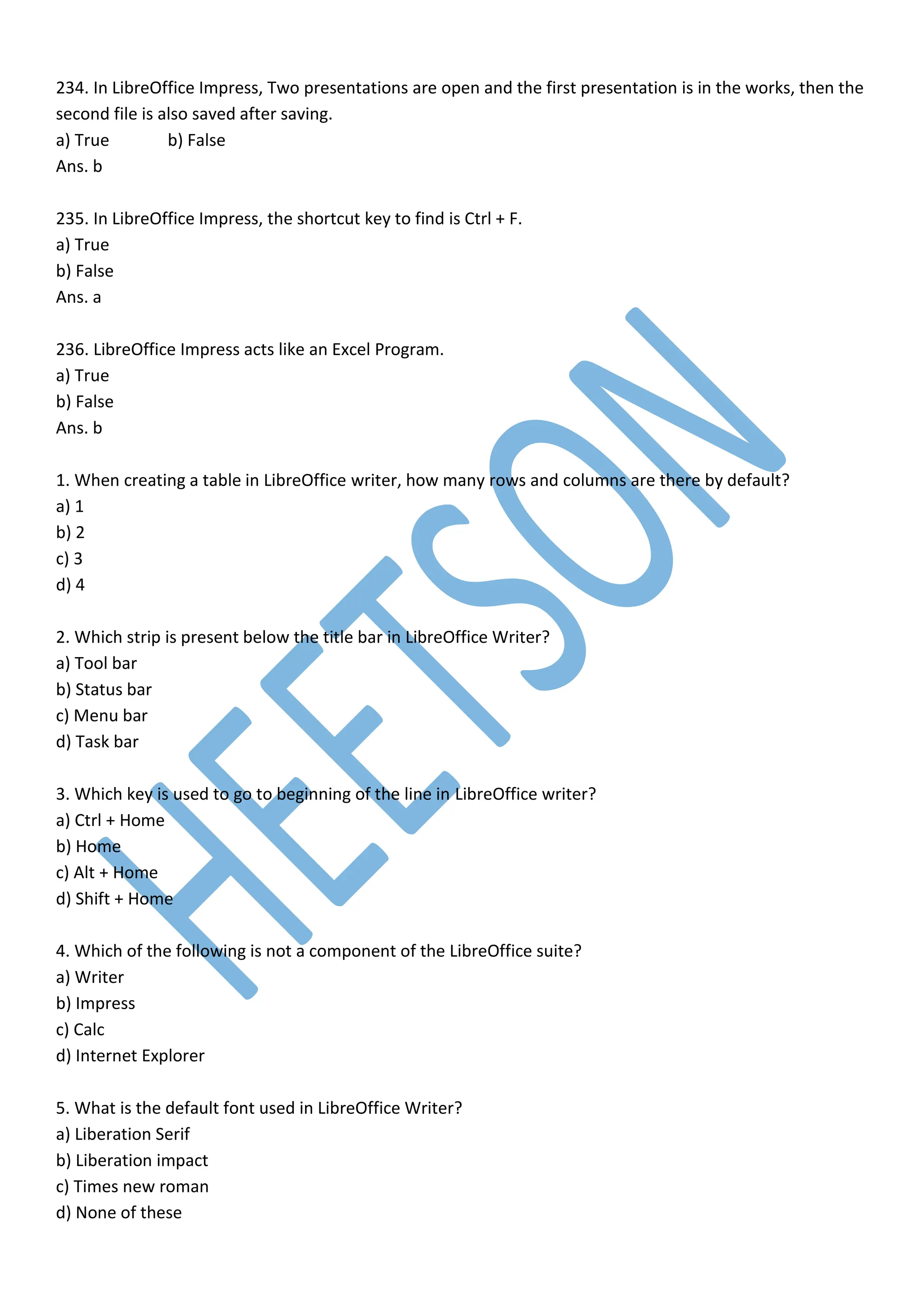 LibreOffice Most Important MCQ Question (Writer, Calc, Impress) | PDF