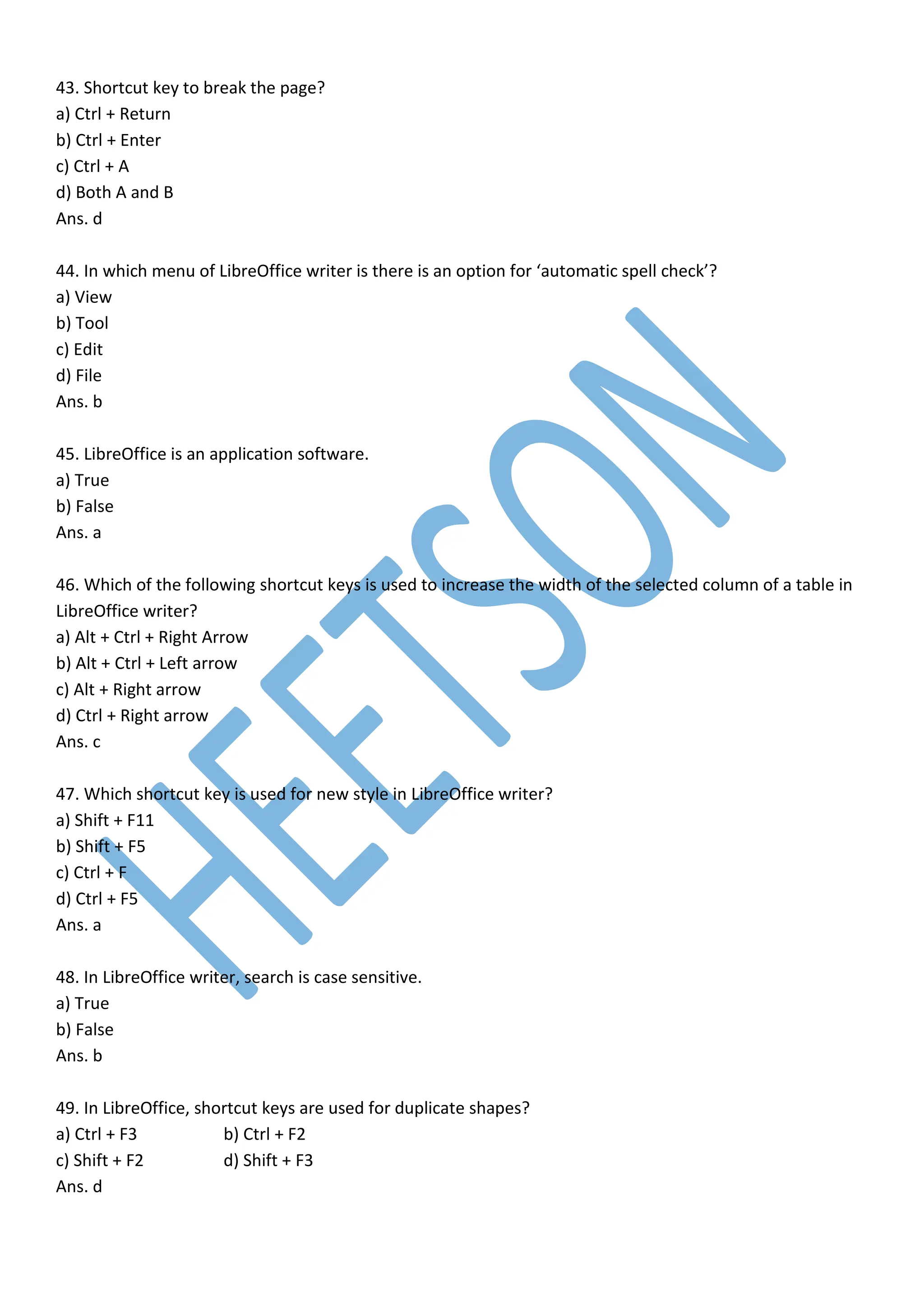 LibreOffice Most Important MCQ Question (Writer, Calc, Impress) | PDF