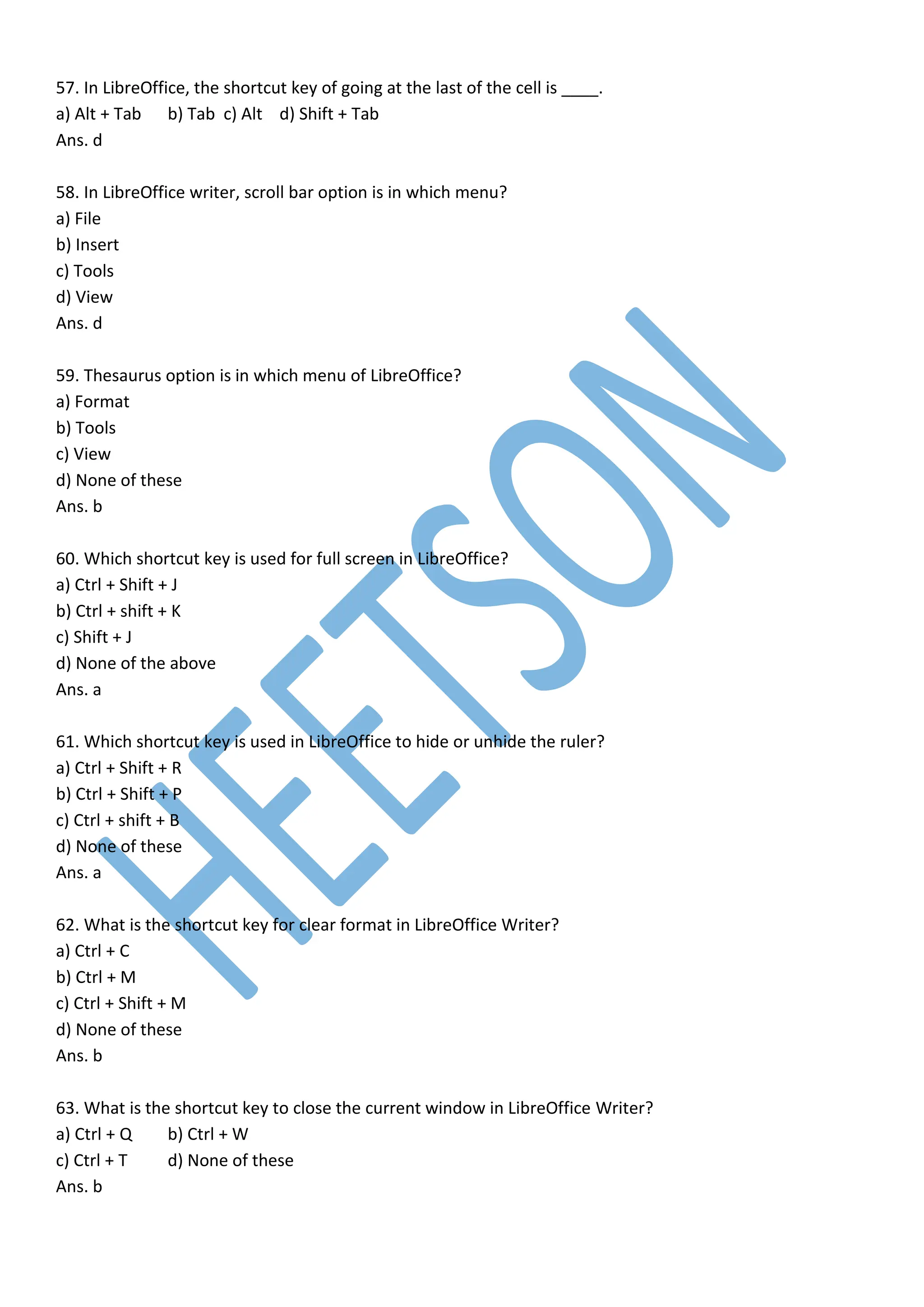LibreOffice Most Important MCQ Question (Writer, Calc, Impress) | PDF ...