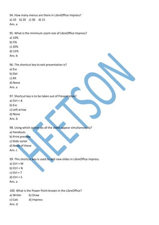 LibreOffice Most Important MCQ Question (Writer, Calc, Impress) | PDF