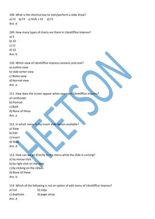 LibreOffice Most Important MCQ Question (Writer, Calc, Impress) | PDF