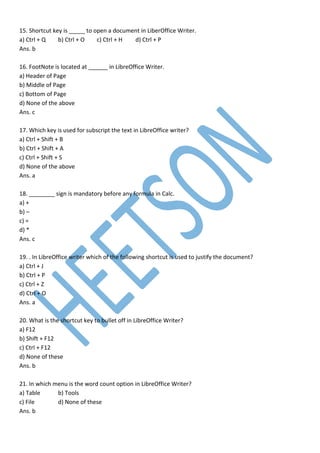 LibreOffice Most Important MCQ Question (Writer, Calc, Impress) | PDF