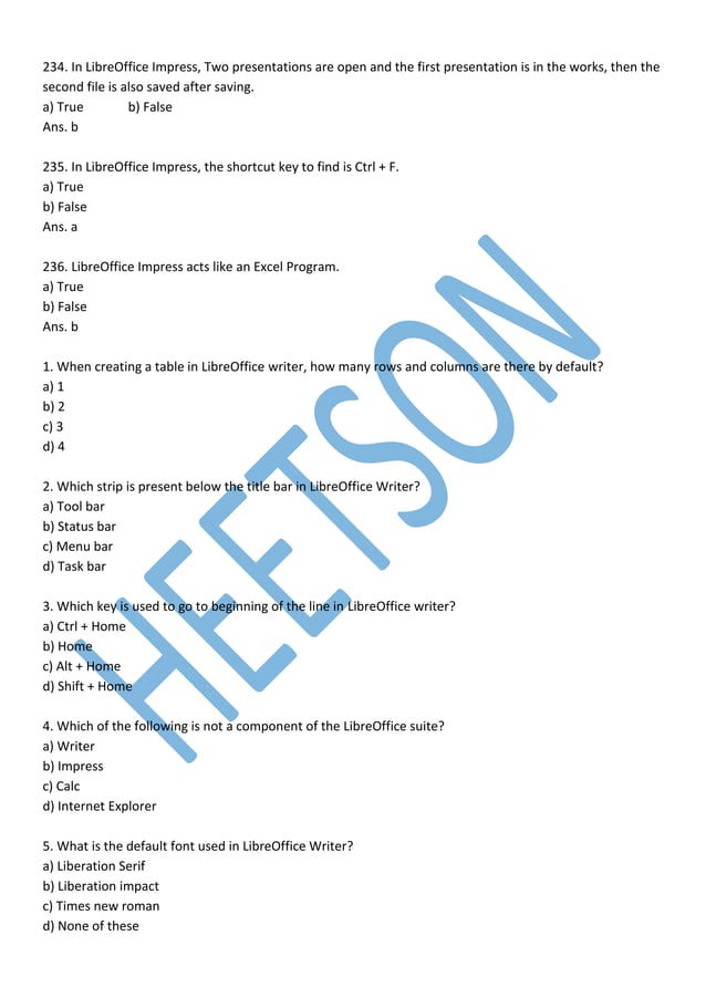 LibreOffice Most Important MCQ Question (Writer, Calc, Impress) | PDF ...