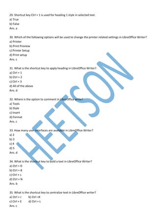 LibreOffice Most Important MCQ Question (Writer, Calc, Impress) | PDF