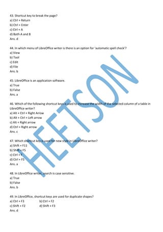 LibreOffice Most Important MCQ Question (Writer, Calc, Impress) | PDF