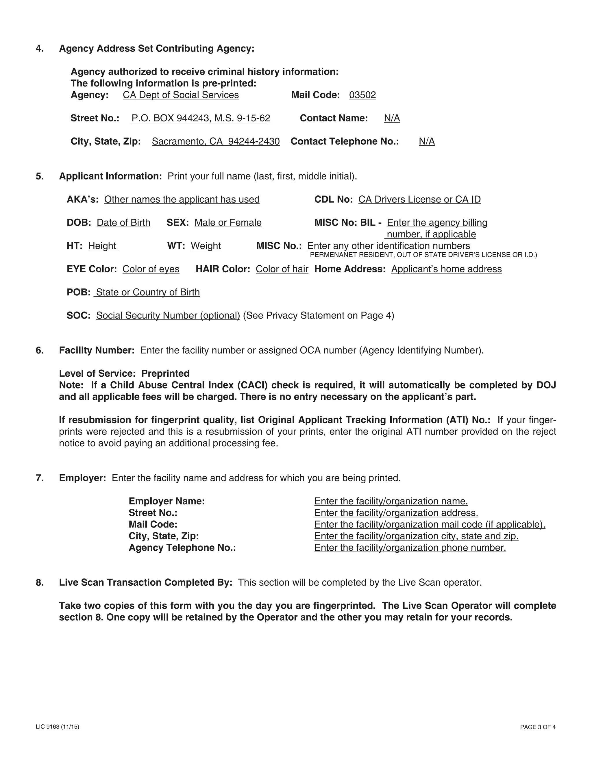 Lic 9163 Request for Live Scan Service Blank Form | PDF