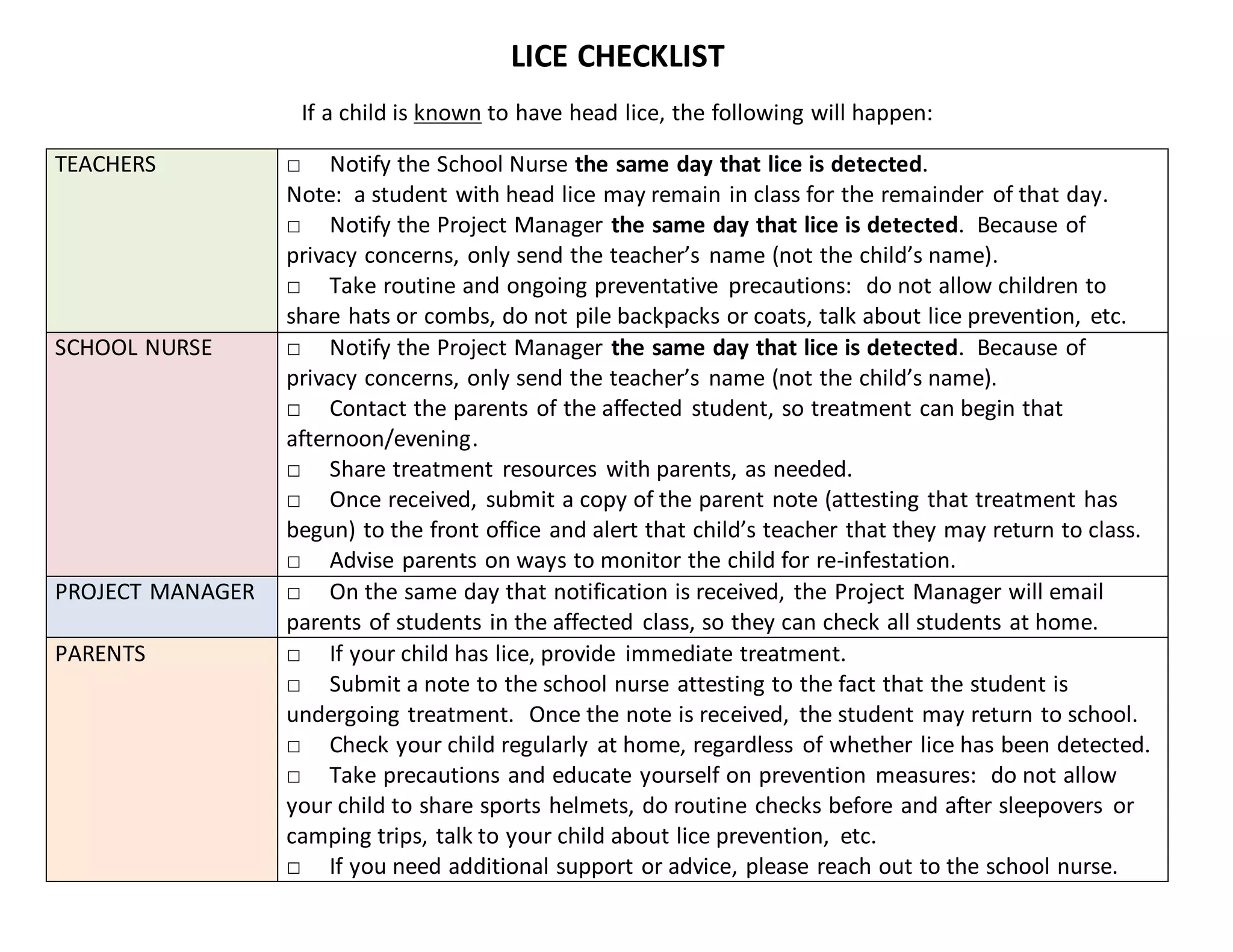 Lice Checklist | DOCX