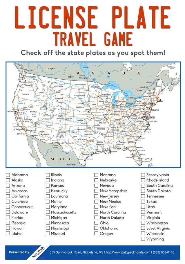 Printable License Plate Travel Game | Patty Peck Honda | PDF