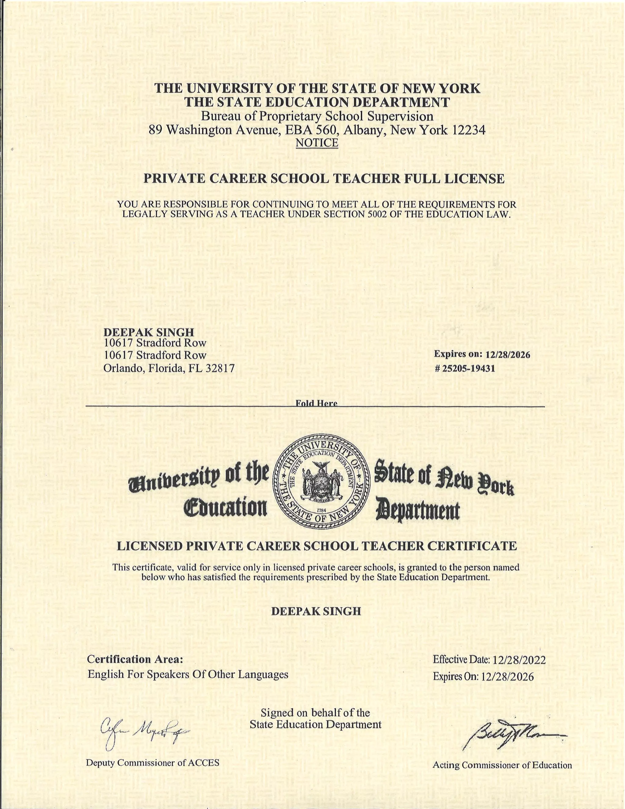 Licensed Private Career School Teacher ESOL Certificate of Deepak ...