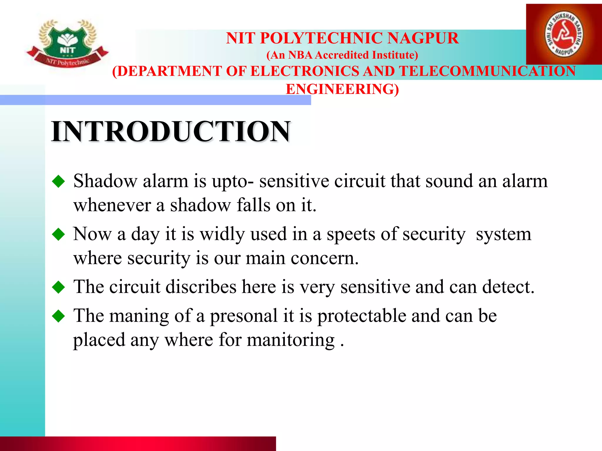 Develop a shadow sensor alarm using IC 741 | PPTX