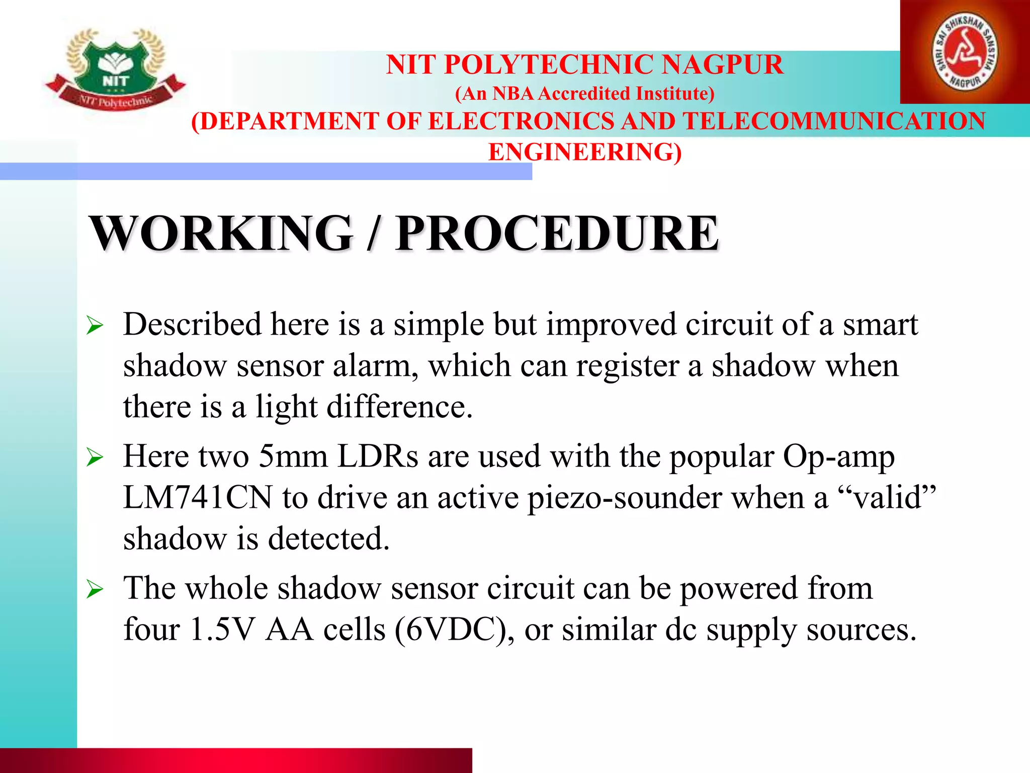 Develop a shadow sensor alarm using IC 741 | PPTX