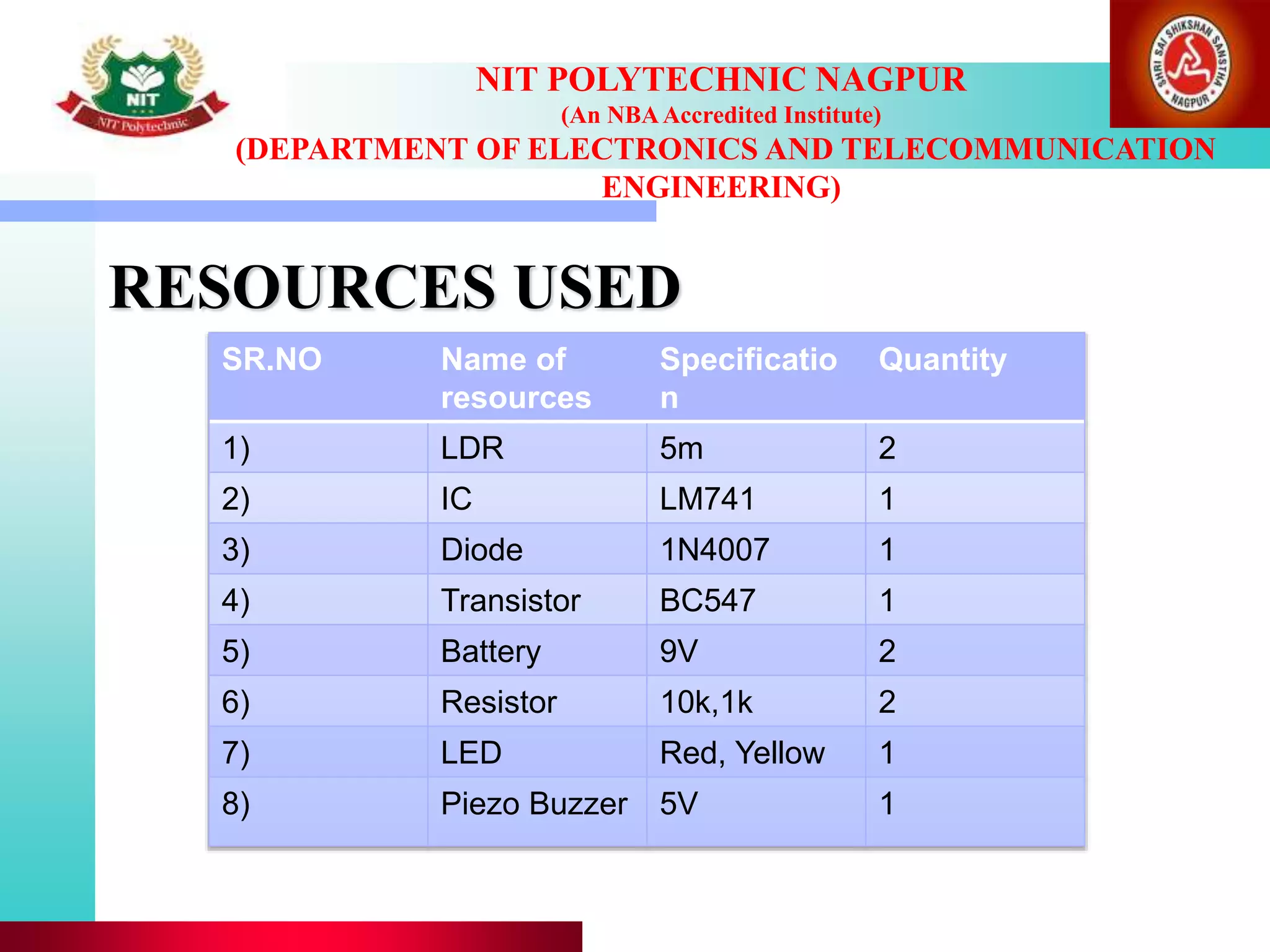 Develop a shadow sensor alarm using IC 741 | PPTX