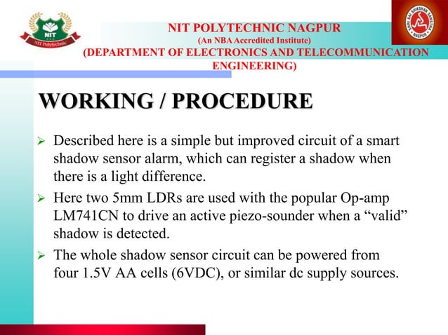 Develop a shadow sensor alarm using IC 741 | PPTX | Home Security ...