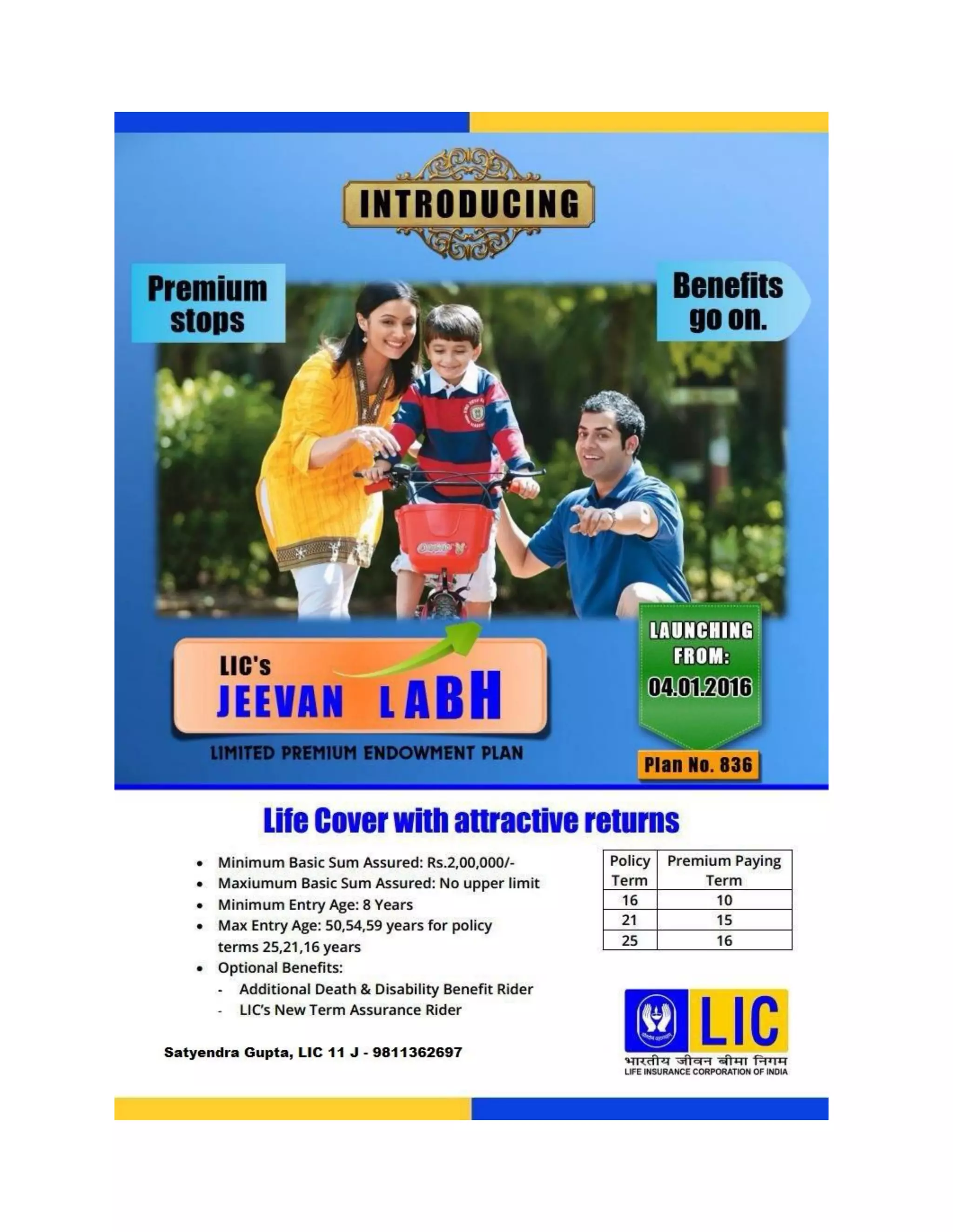 Lic new endowment plan jeevan labh table no 836 premium payment table | PDF