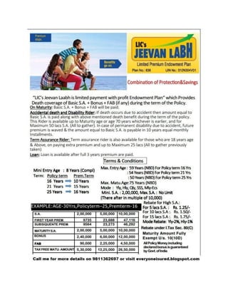 Lic new endowment plan jeevan labh table no 836 premium payment table | PDF