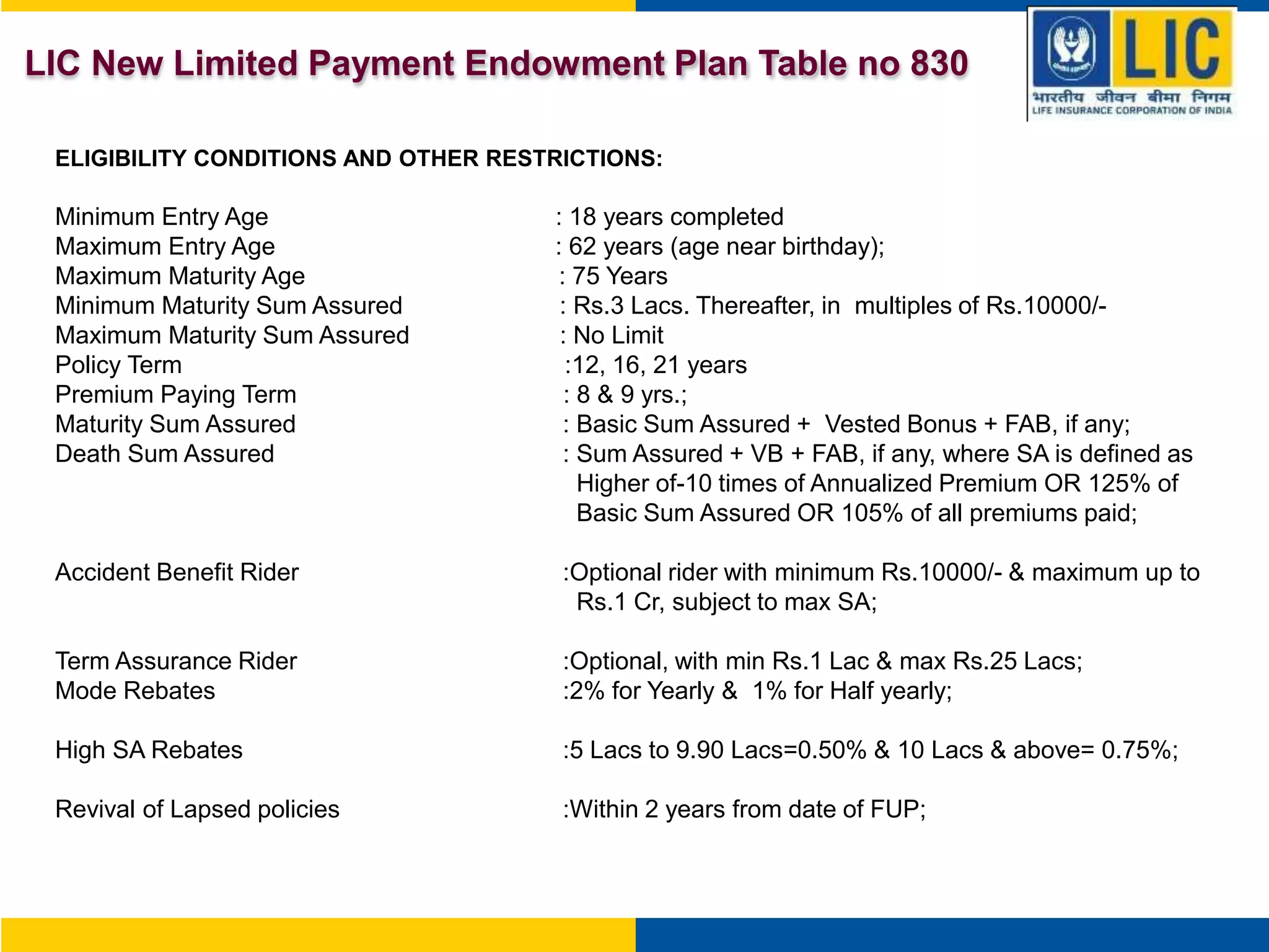 Lic New Limited Payment Endowment Plan Table No 830 Details | PPTX