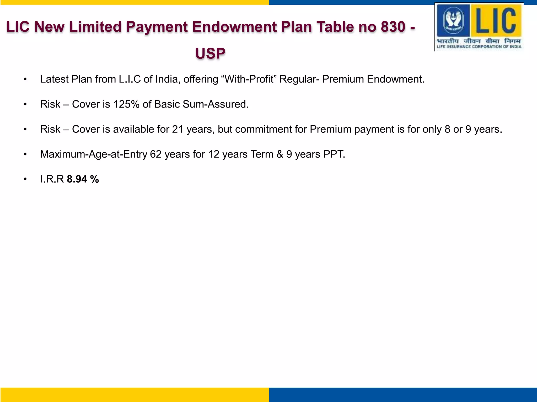 Lic New Limited Payment Endowment Plan Table No 830 Details | PPTX