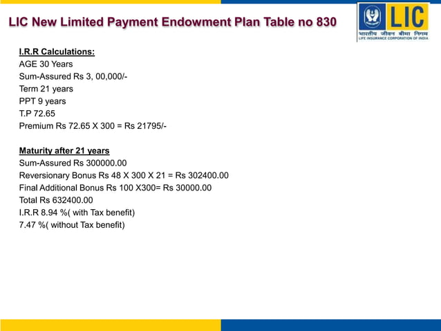 Lic New Limited Payment Endowment Plan Table No 830 Details | PPTX