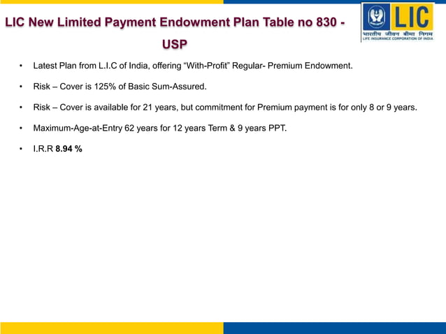 Lic New Limited Payment Endowment Plan Table No 830 Details | PPTX