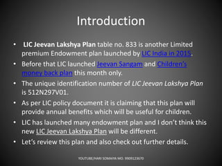 Lic’s plan no. 833 jeevan lakshya plan | PPSX