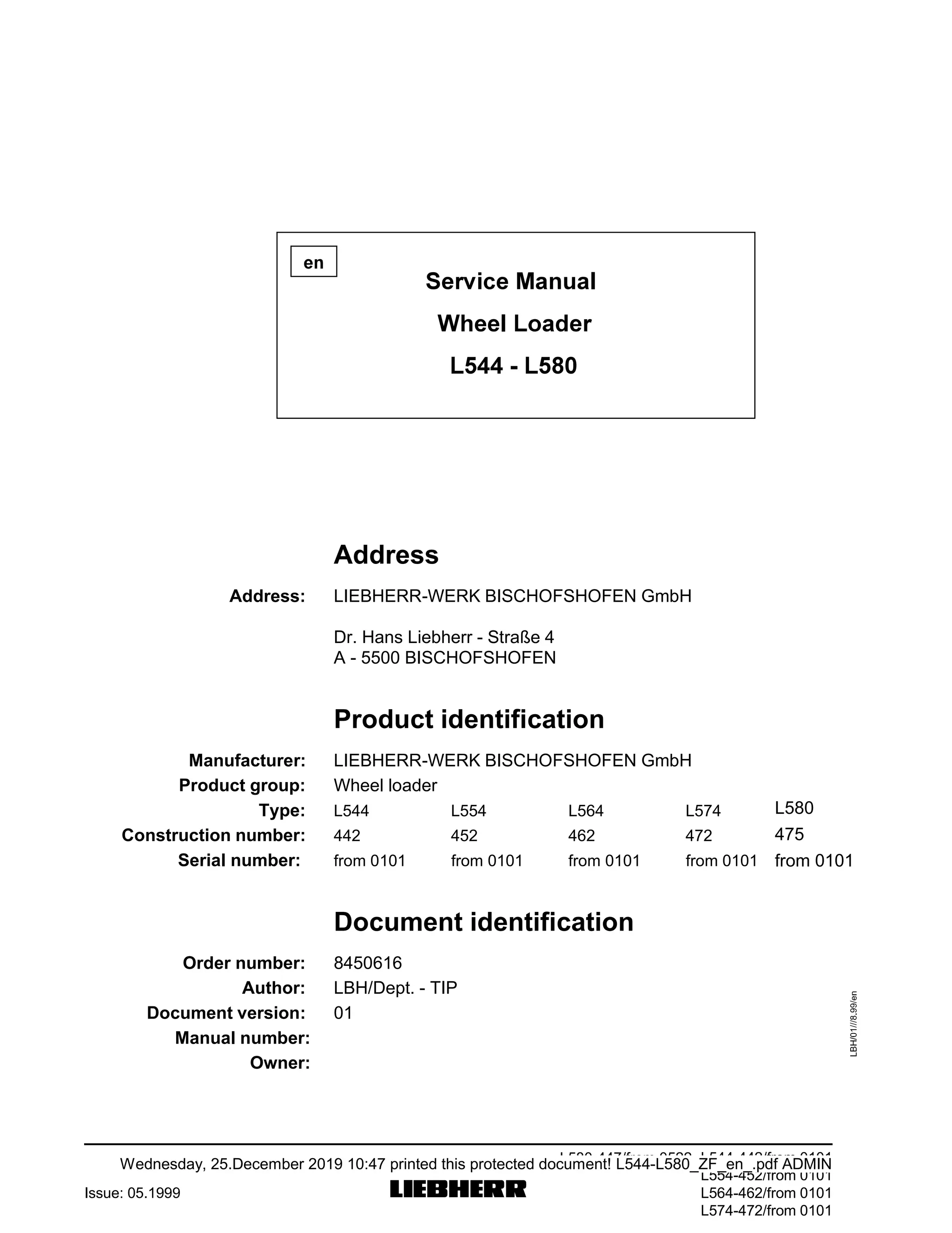 Liebherr l554 wheel loader service repair manual (serial number from ...