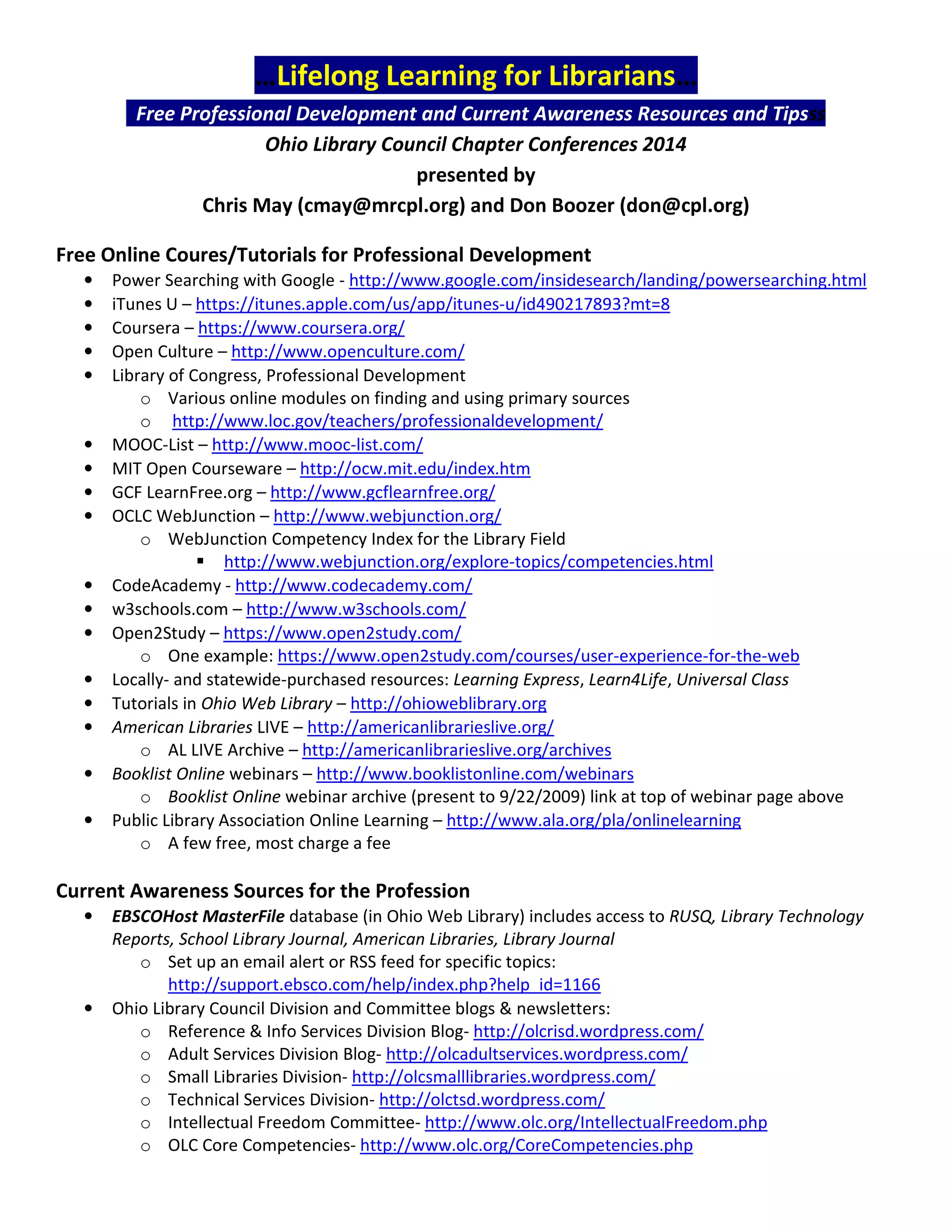 Lifelong Learning for Librarians: Free Professional Development and ...