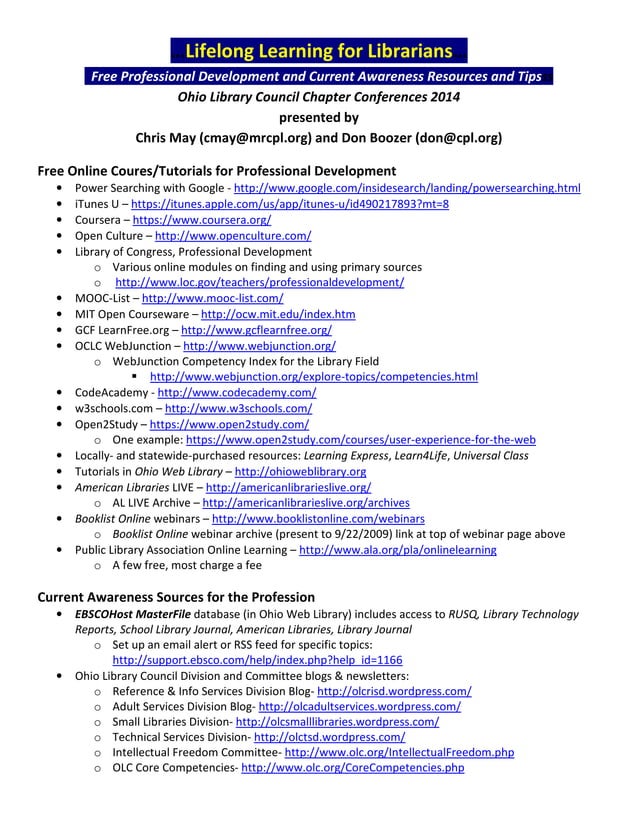 Lifelong Learning for Librarians: Free Professional Development and ...