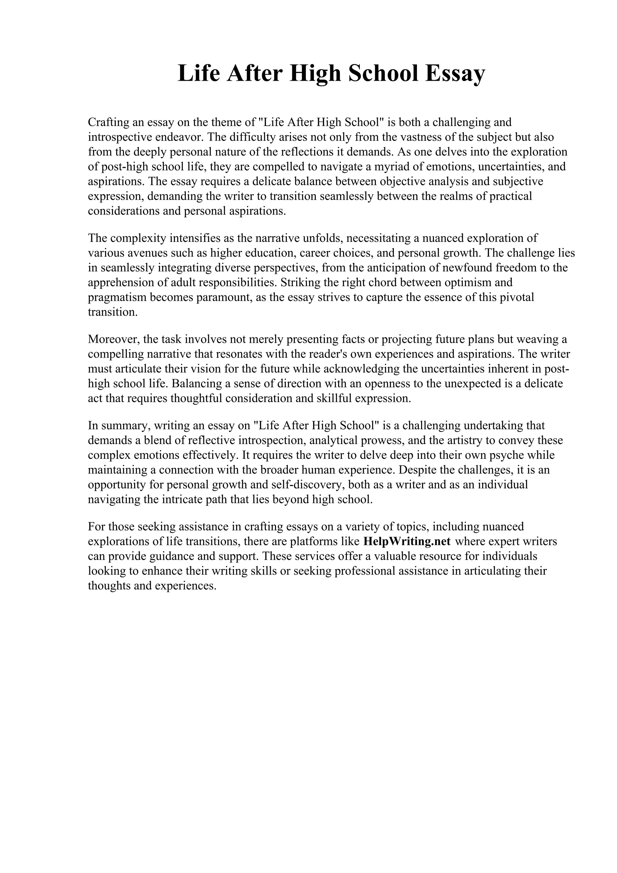Life After High School Essay. Western Washington University | PDF