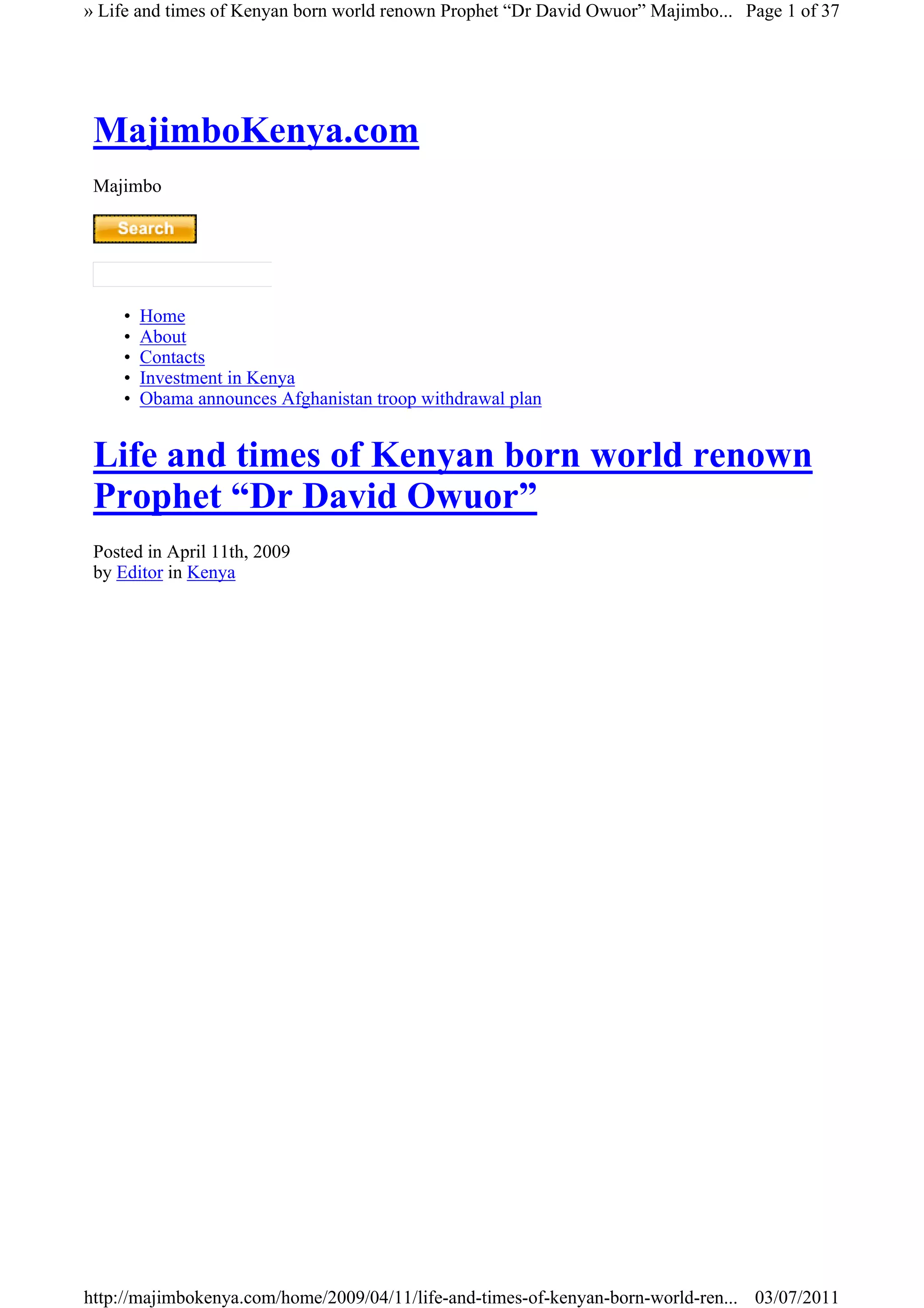 Life and times of kenyan born world renown prophet “dr david owuor” | PDF