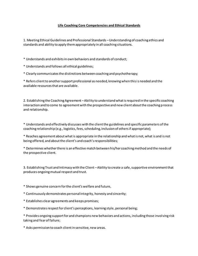 Life coaching core competencies and ethical standards | DOCX | Family ...