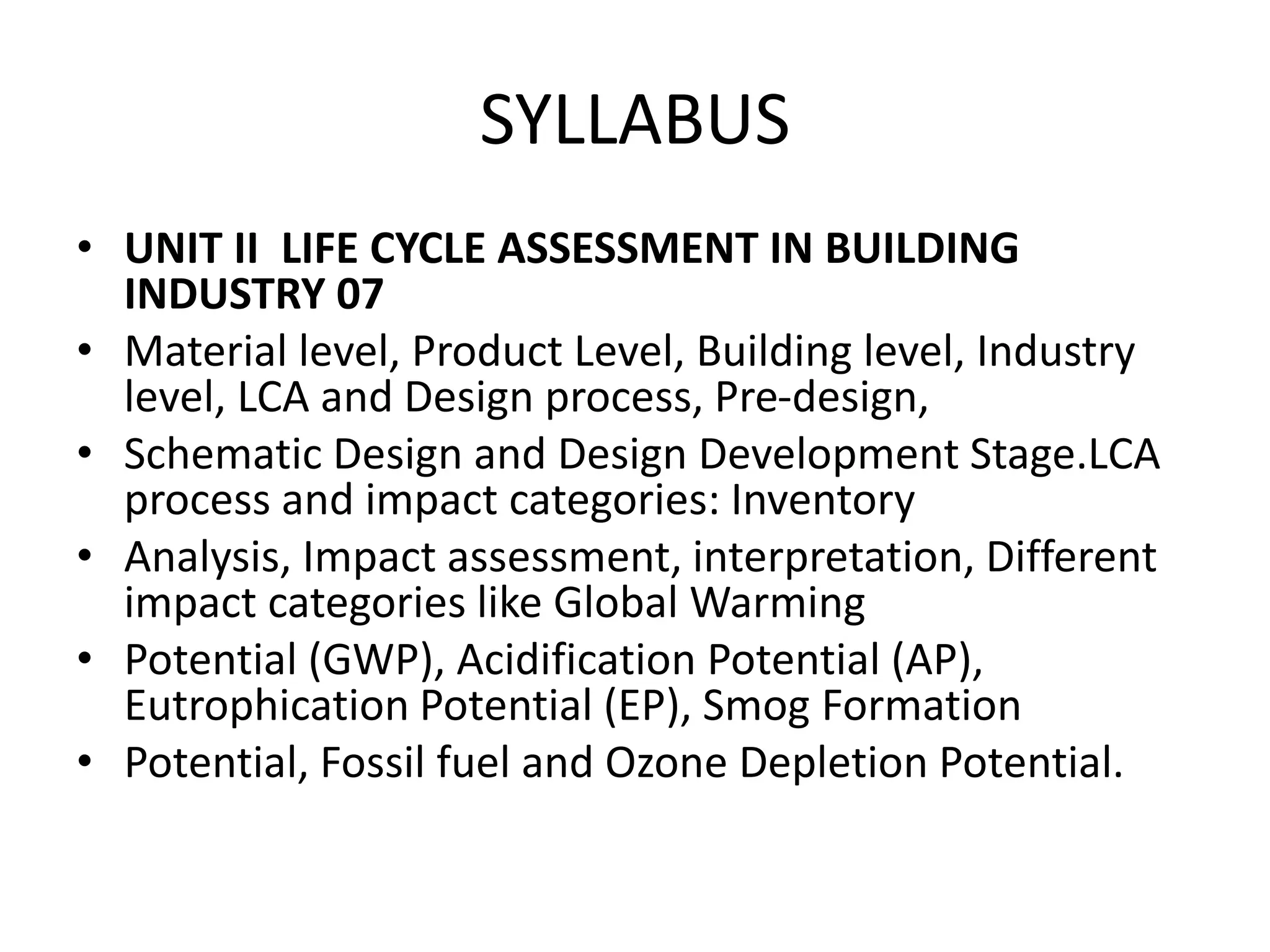 LIFE CYCLE ANALYSIS - BUILDING MATERIALS | PPTX