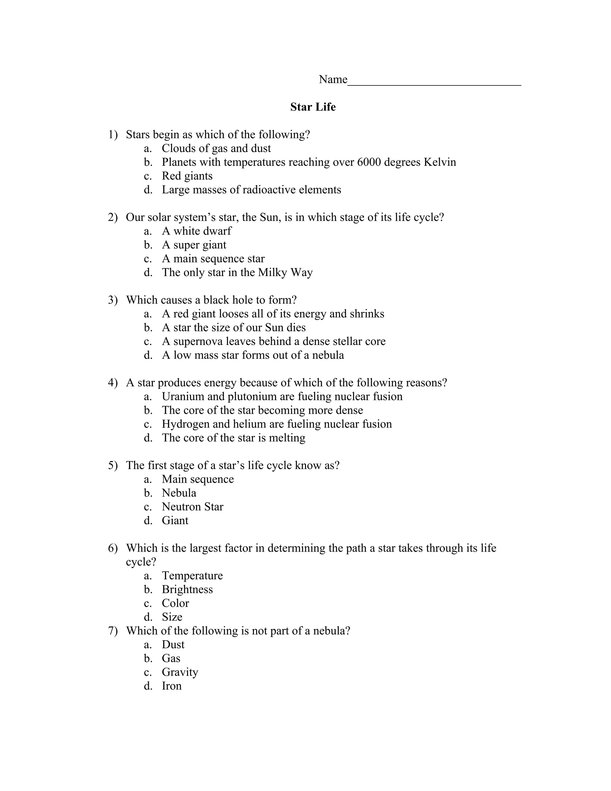 Life Cycles Of Stars Work Sheet with Answers | DOC | Space and ...