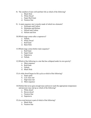 Life Cycles Of Stars Work Sheet with Answers | DOC | Space and ...