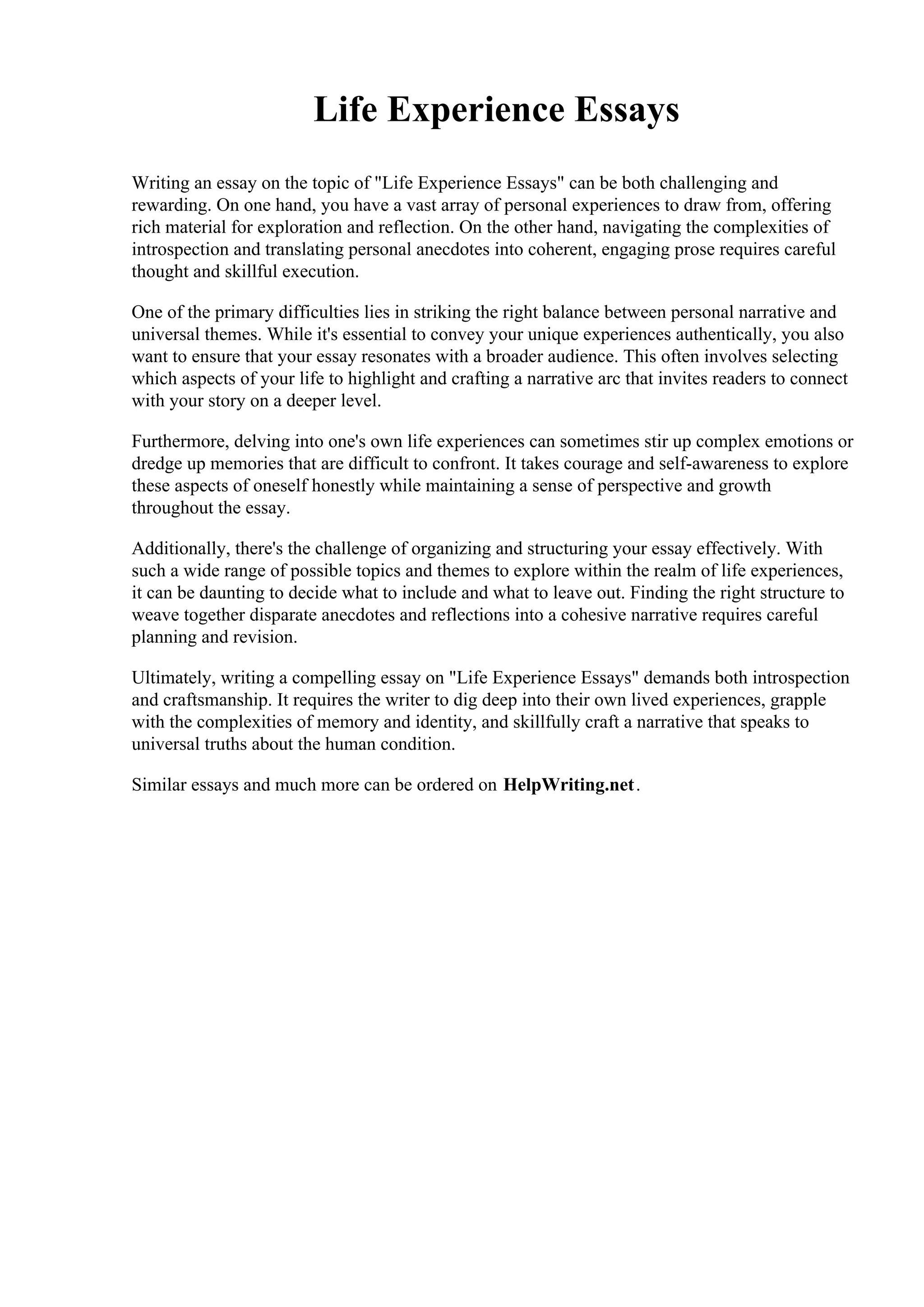 Life Experience Essays. Lincoln Trail College | PDF