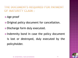 Life insurance Claims and Settlement by Dr. Amitabh Mishra | PDF