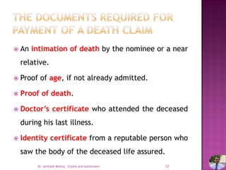 Life insurance Claims and Settlement by Dr. Amitabh Mishra | PDF