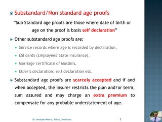 Life insurance Policy Conditions by Dr. Amitabh Mishra | PDF