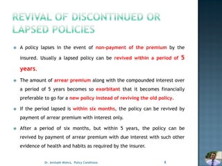 Life insurance Policy Conditions by Dr. Amitabh Mishra | PDF