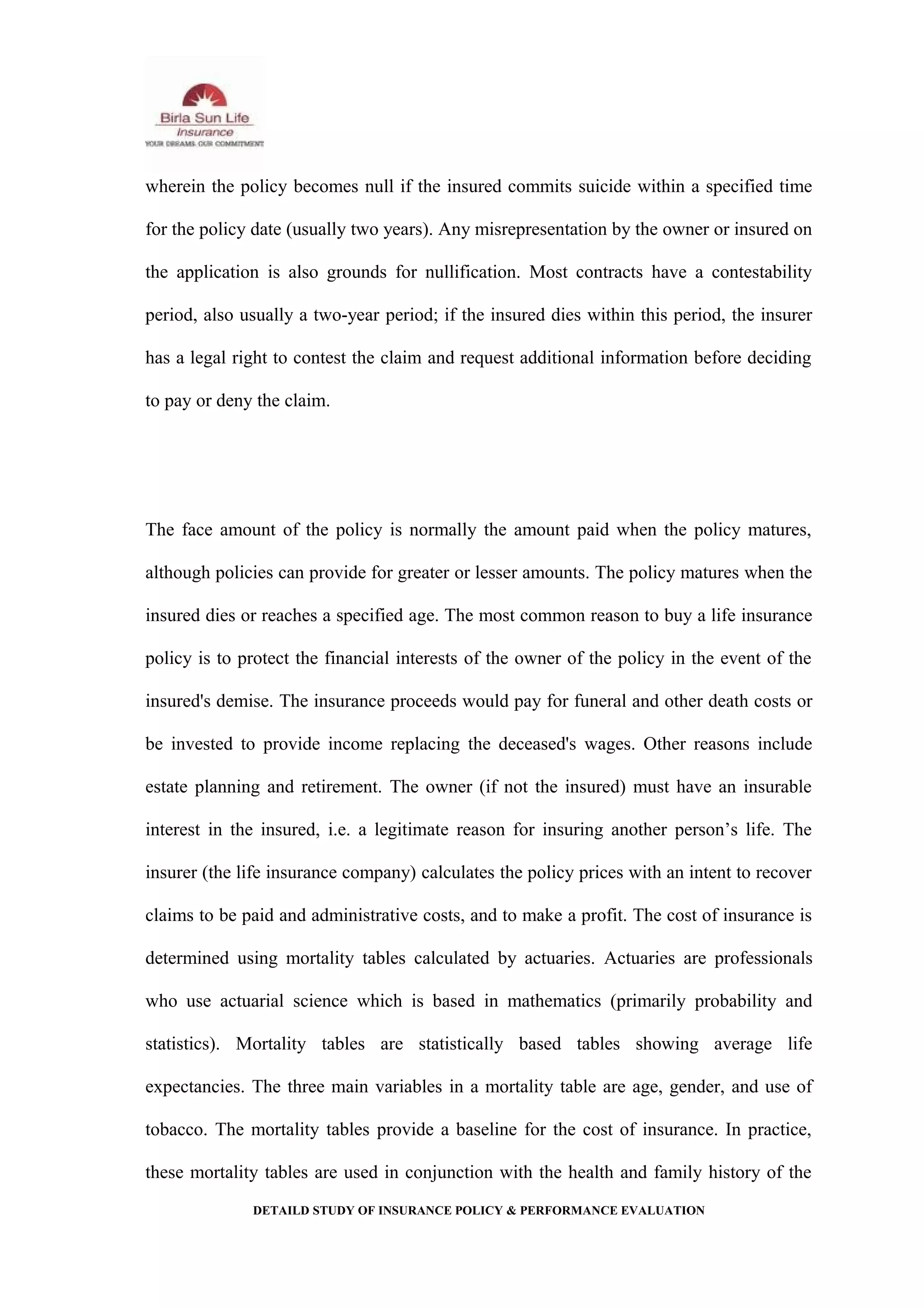 Life insurance project report | DOC