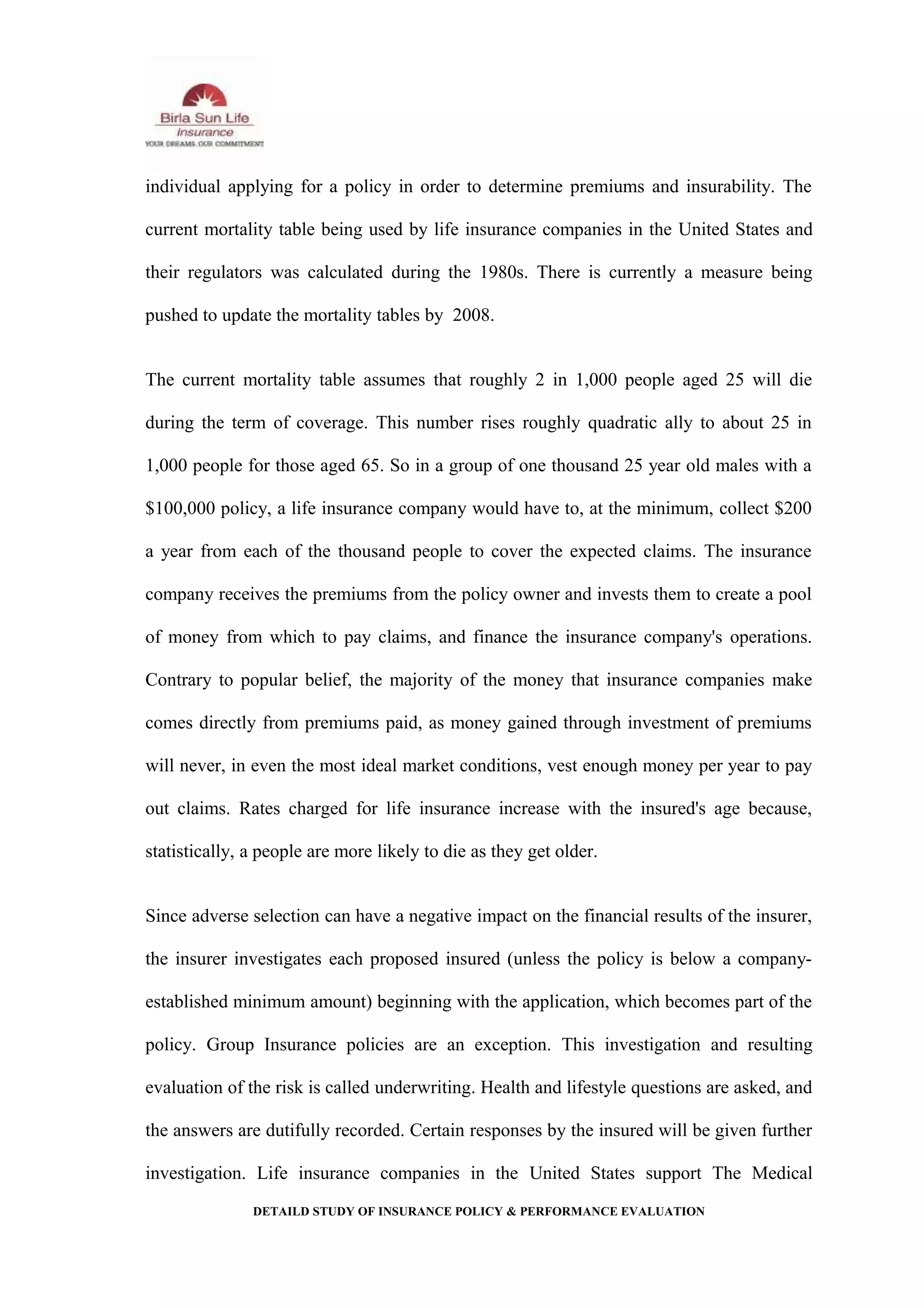 Life insurance project report | DOC