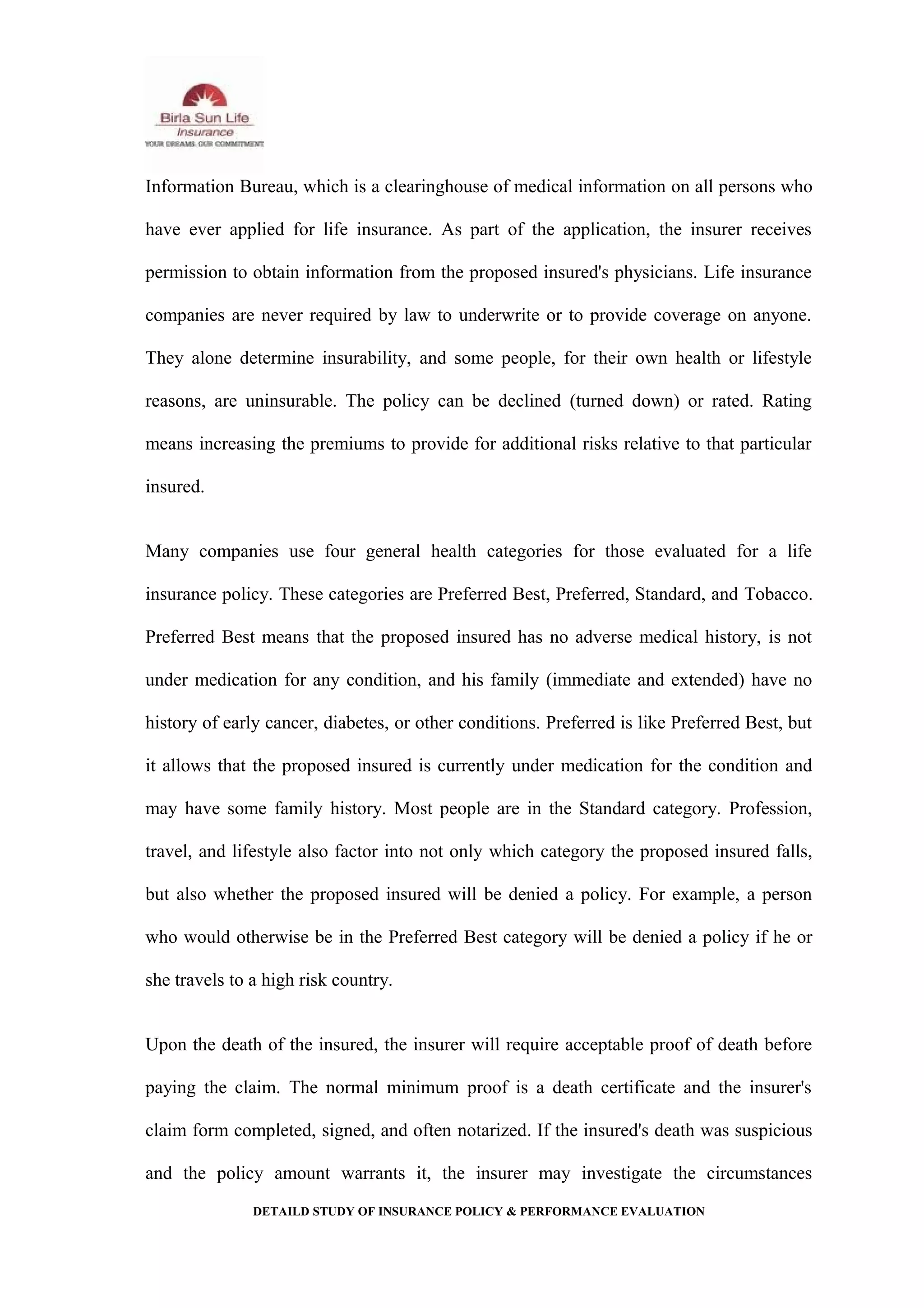 Life insurance project report | DOC