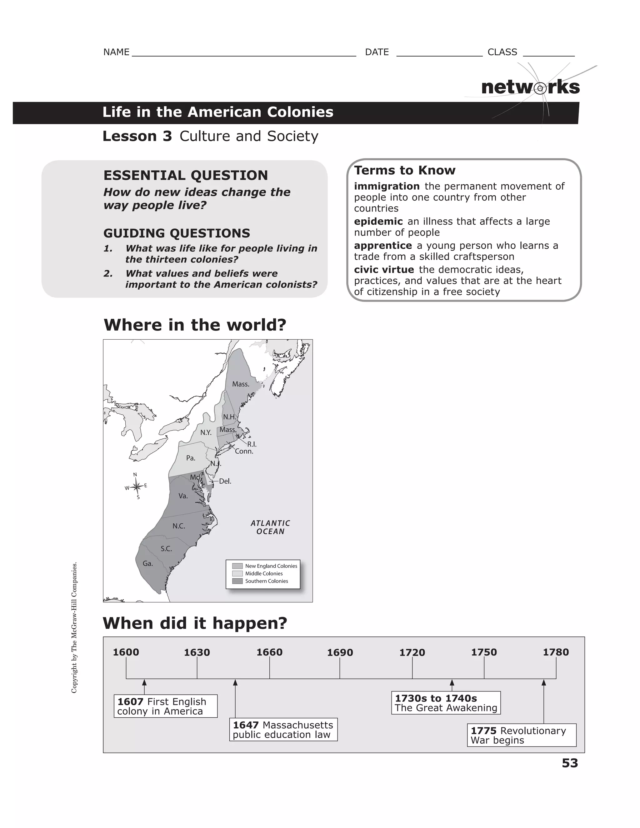 Life in the American Colonies- Reading Essentials | PDF