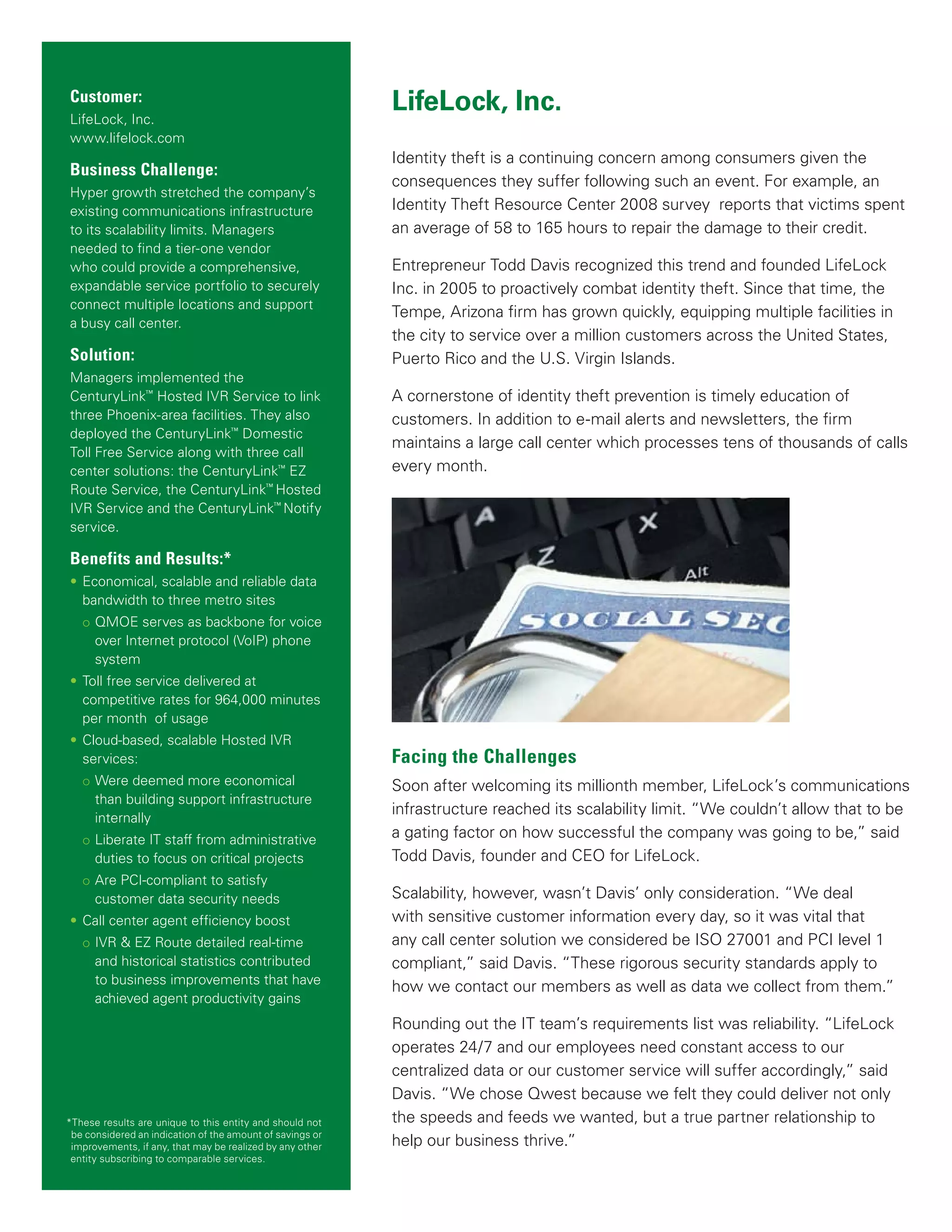 CenturyLink - Life Lock Call Center Case Study | PDF
