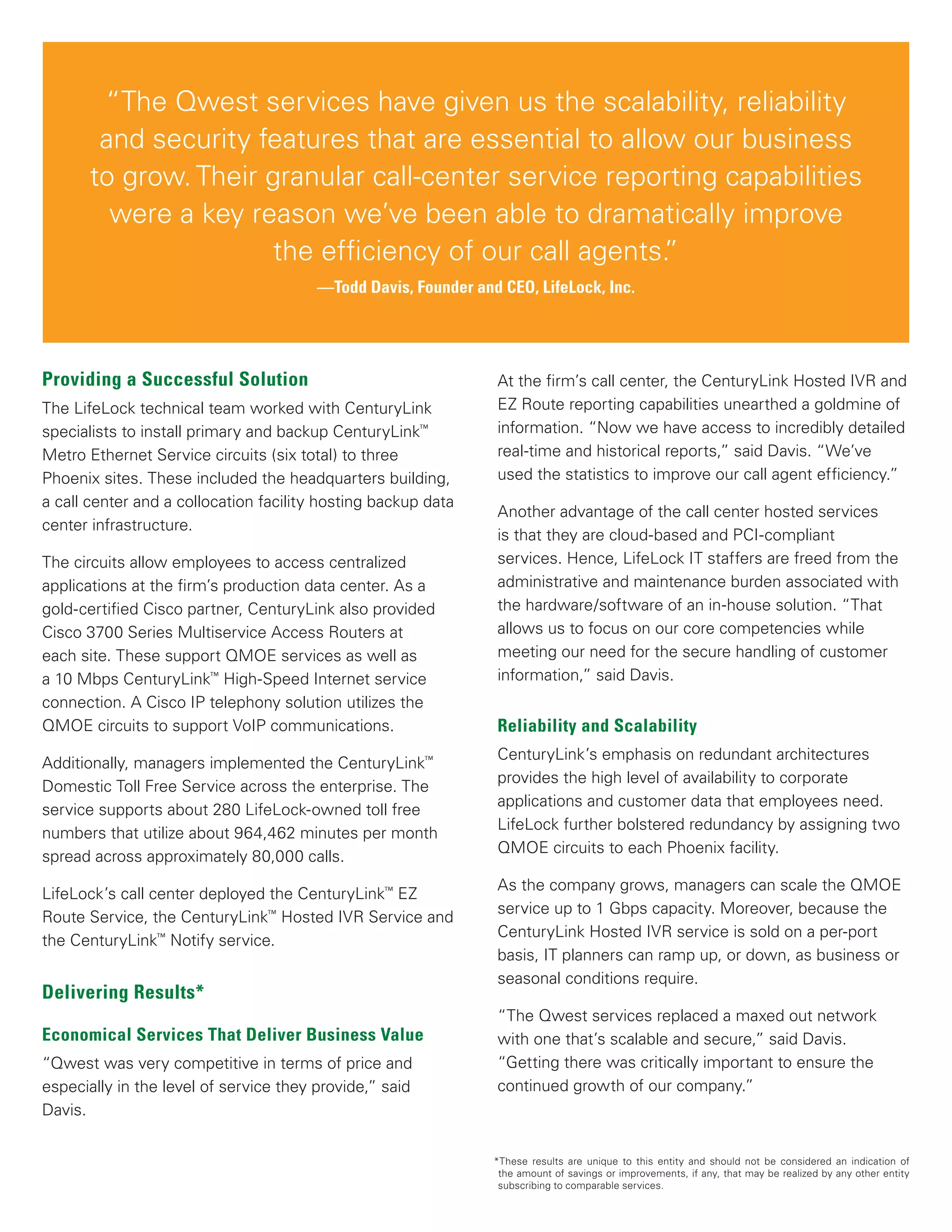 CenturyLink - Life Lock Call Center Case Study | PDF