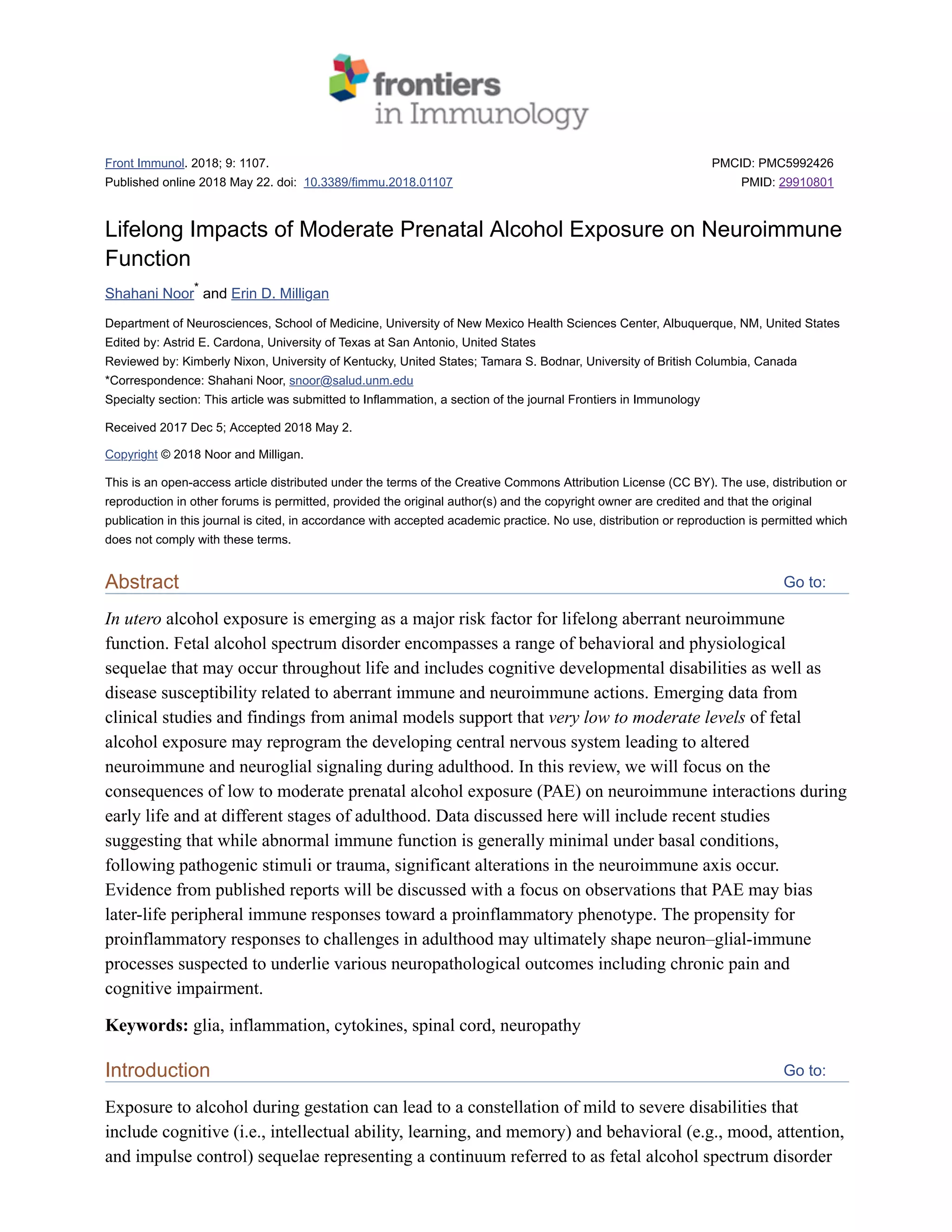 Lifelong Impacts Of Moderate Prenatal Alcohol Exposure On Neuroimmune